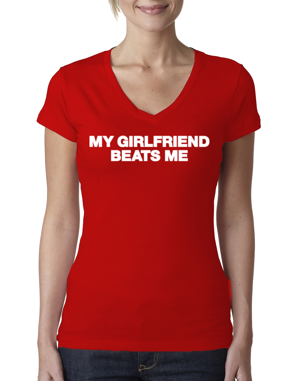 My Girlfriend Beats Me Funny Husband Wife Womens Junior Fit V-Neck Tee ...