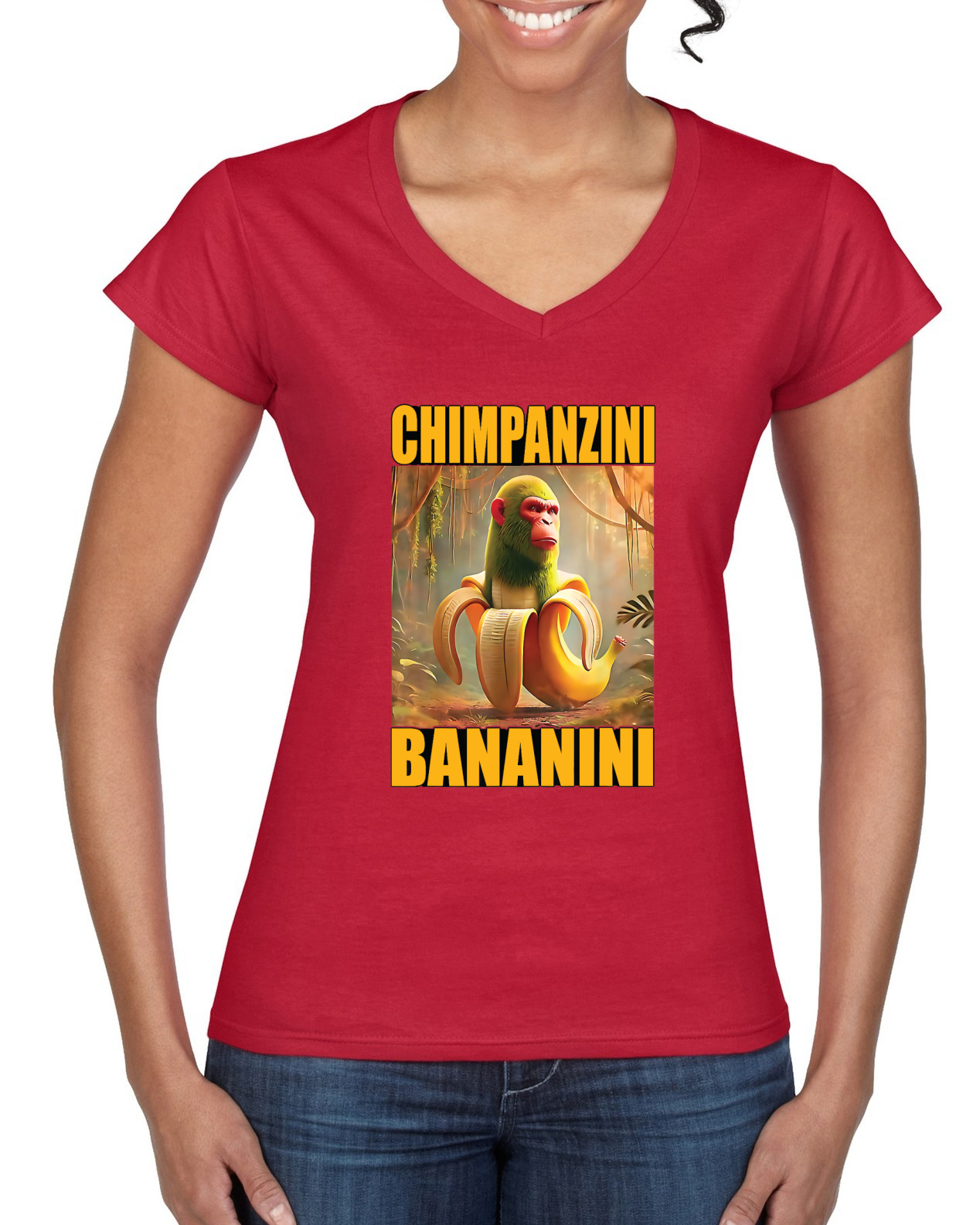 Chimpanzini Bananini Monkey Banana Meme Brainrot Womens Standard V-Neck ...