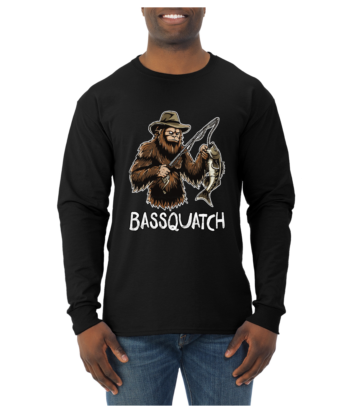 Bassquatch Fishing Bigfoot Sasquatch Outdoor Funny Mens Long Sleeve ...