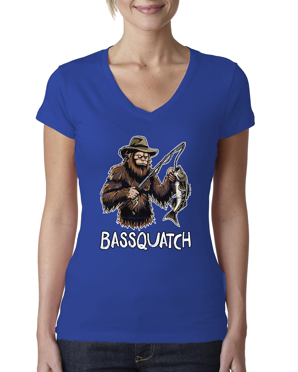 Bassquatch Fishing Bigfoot Sasquatch Outdoor Funny Womens Junior Fit V ...